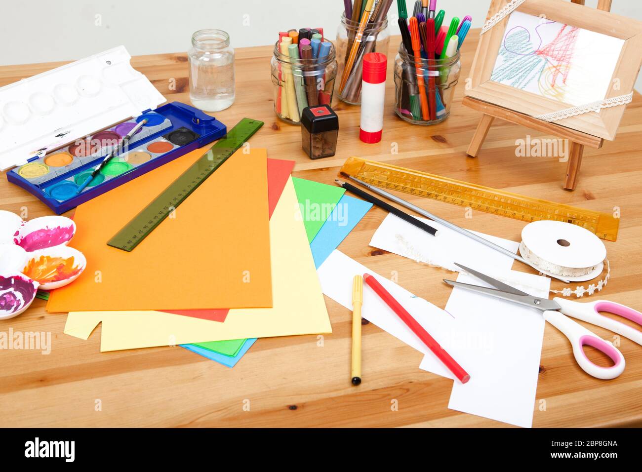 different things lying on a table to try arts and crafts, background ...
