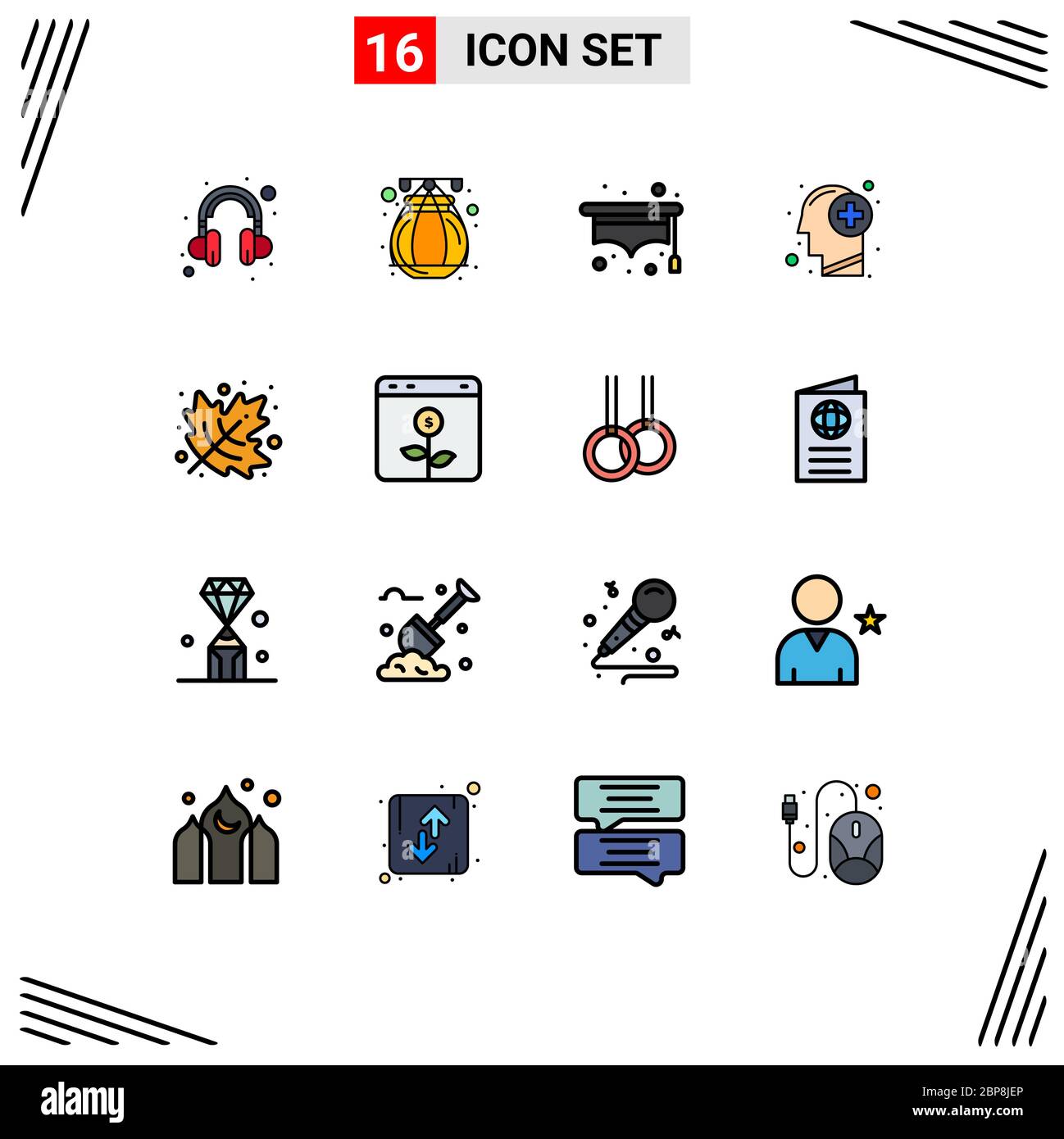 Set of 16 Modern UI Icons Symbols Signs for banking, leaf, student, autumn, mind Editable ...