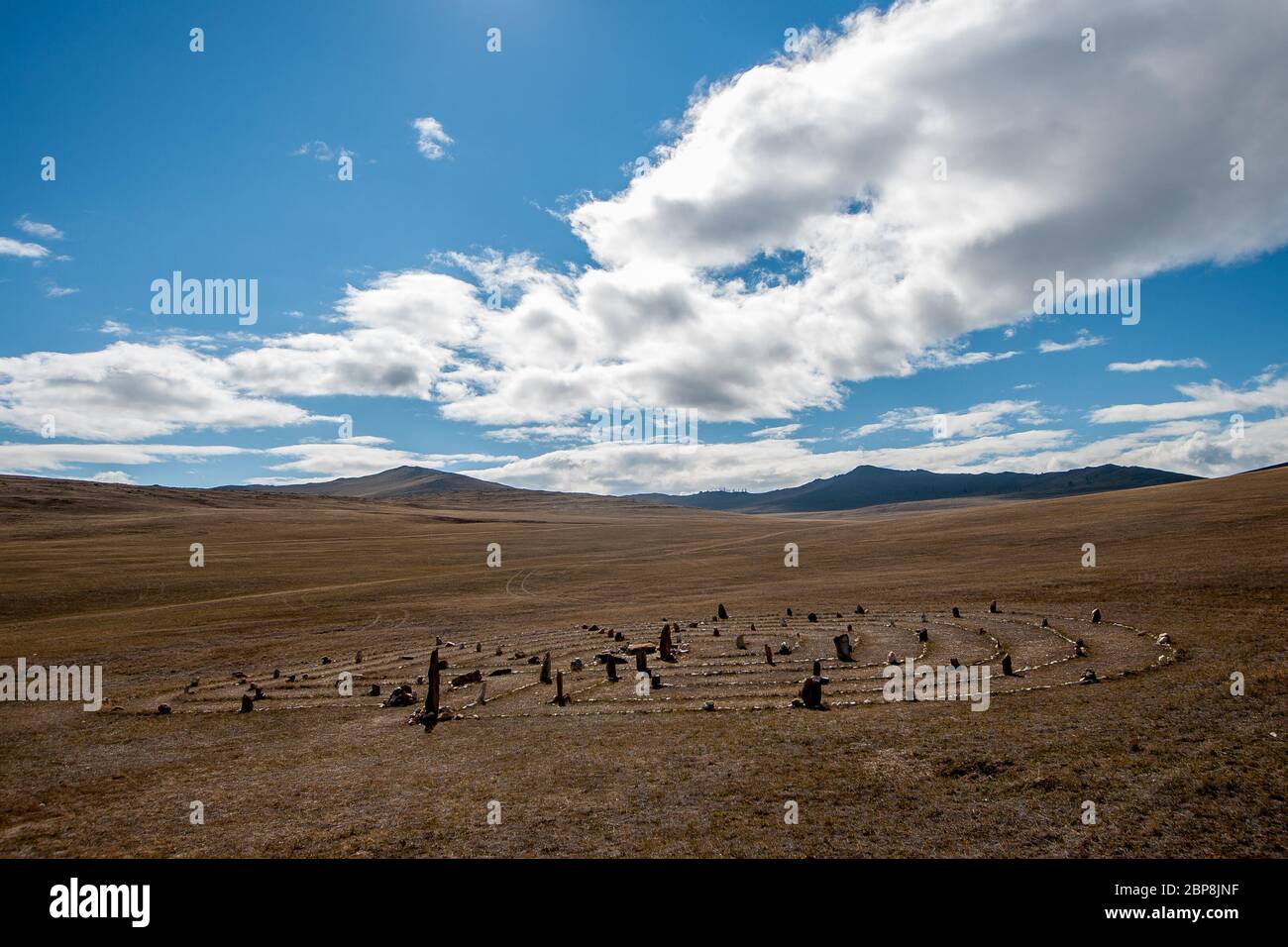 Stone labyrinth on the island of Olkhon on Lake Baikal. A circular maze ...