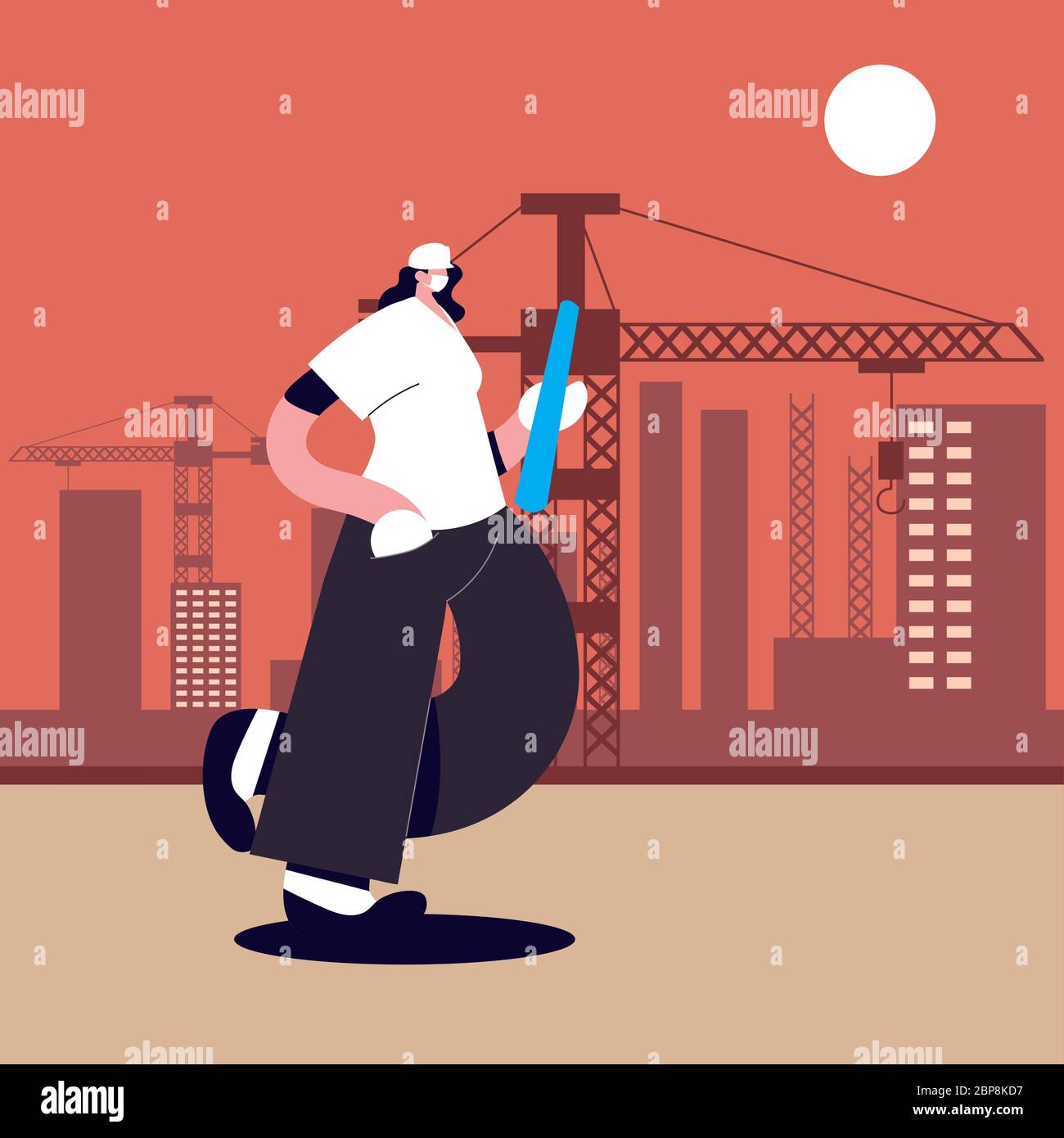 engineer woman with face mask, safety and prevention vector ...