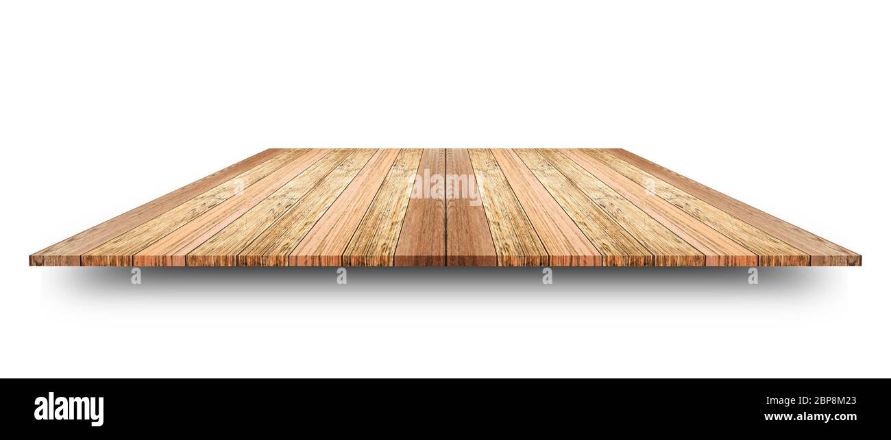 Empty top of wooden table or counter isolated on white background. For ...