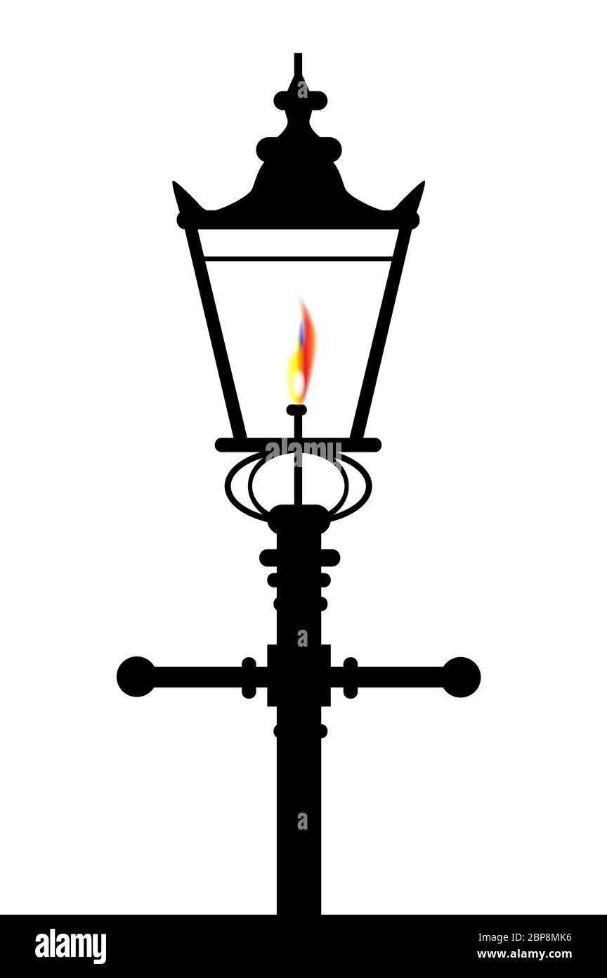 A typical old London gaslight with flame and glow over a white ...