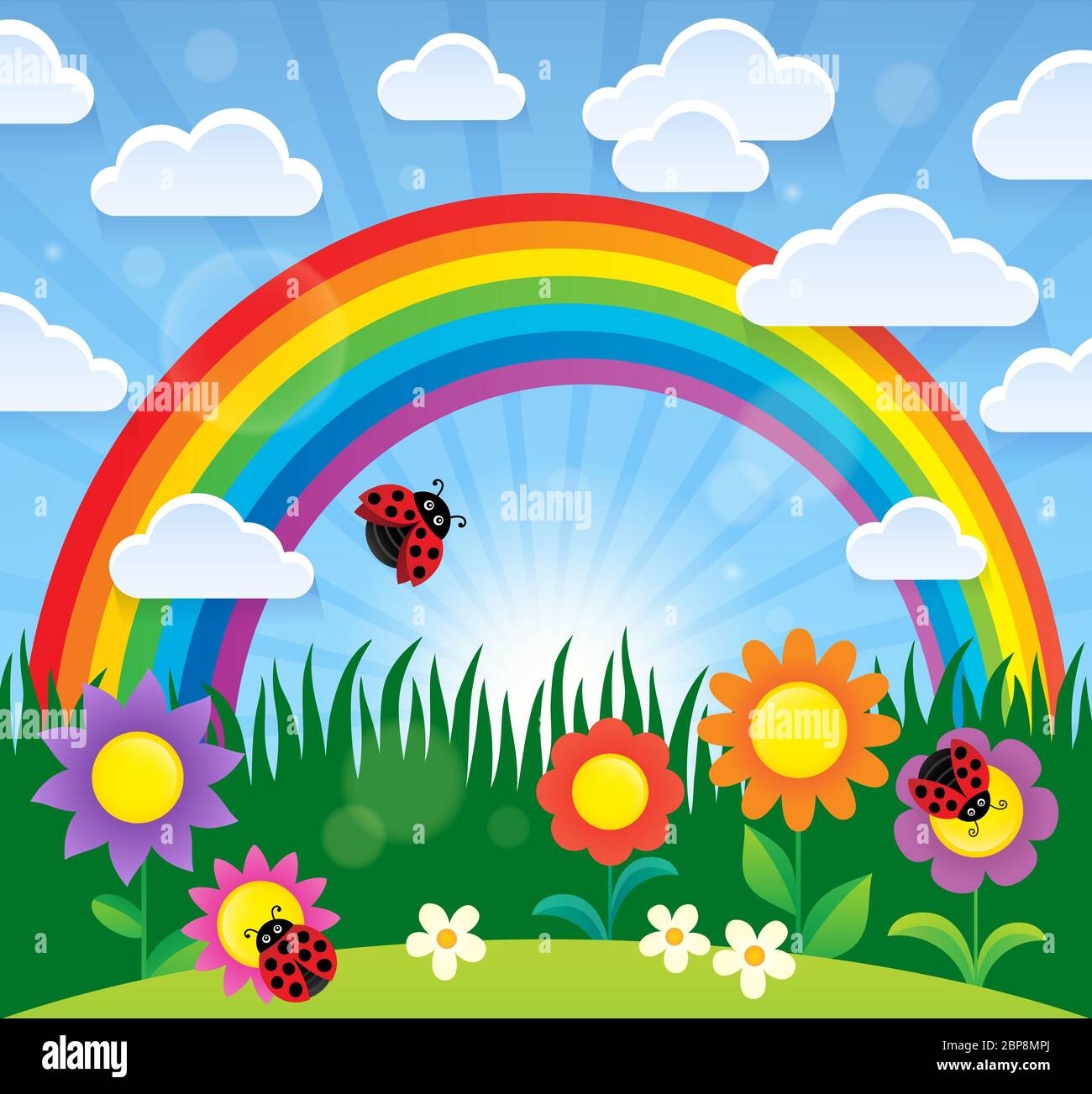 Spring theme with flowers and rainbow - picture illustration Stock ...