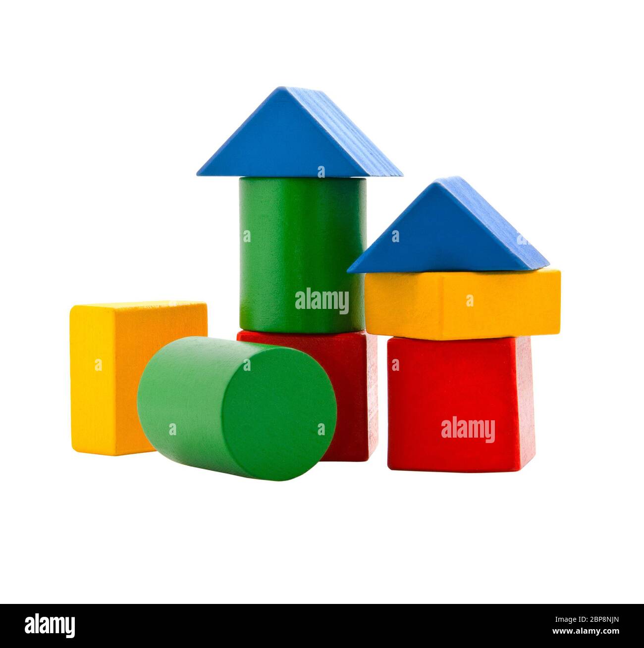 Children's wooden blocks of different colors on a white background ...