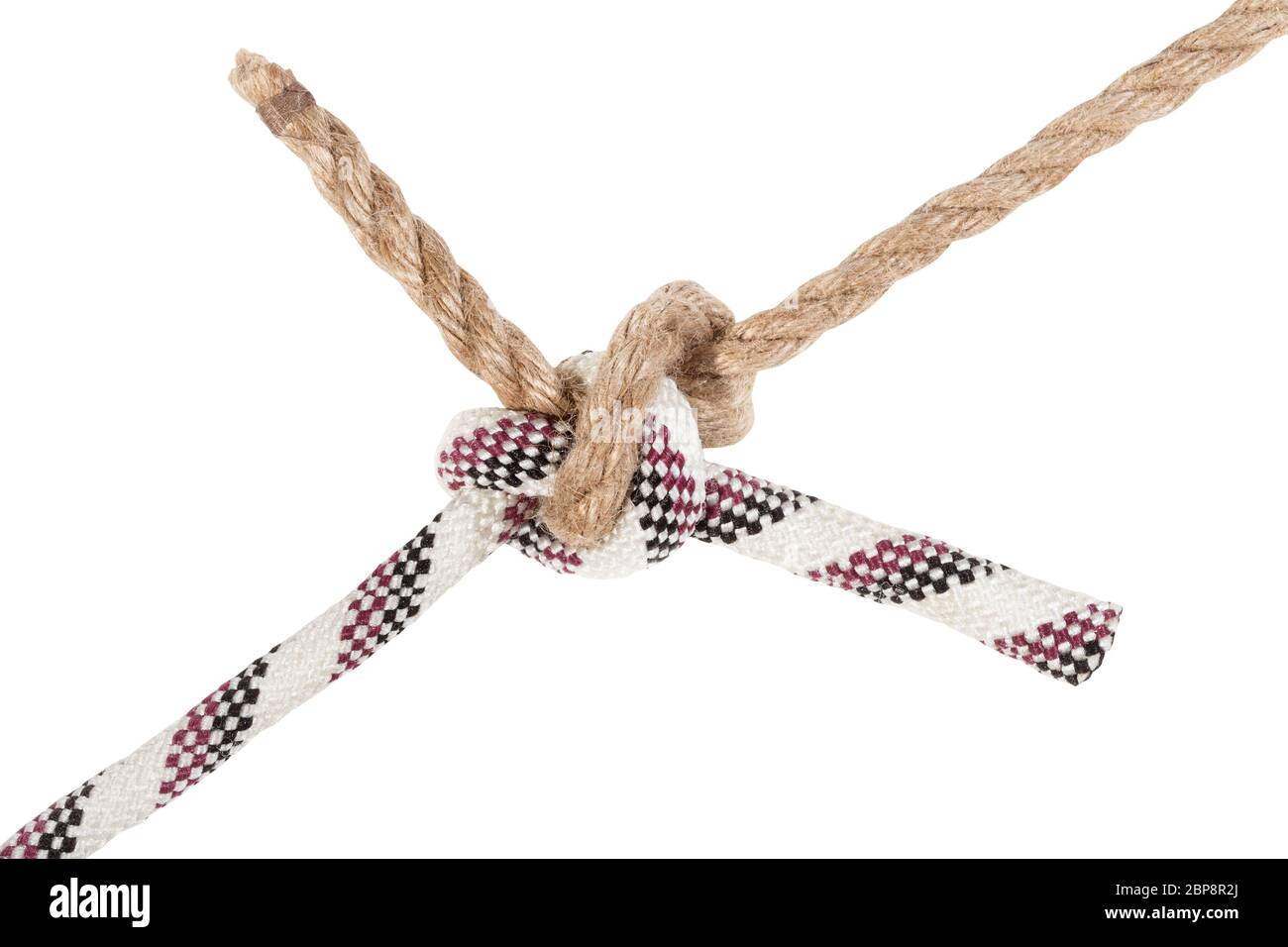 rigger's bend knot joining two ropes close up isolated on white ...