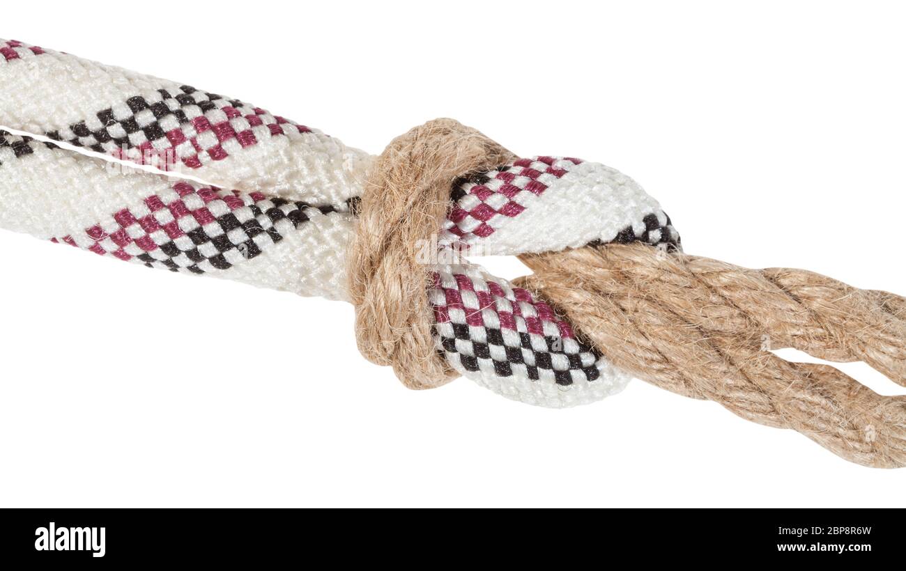 square knot joining two ropes close up isolated on white background ...