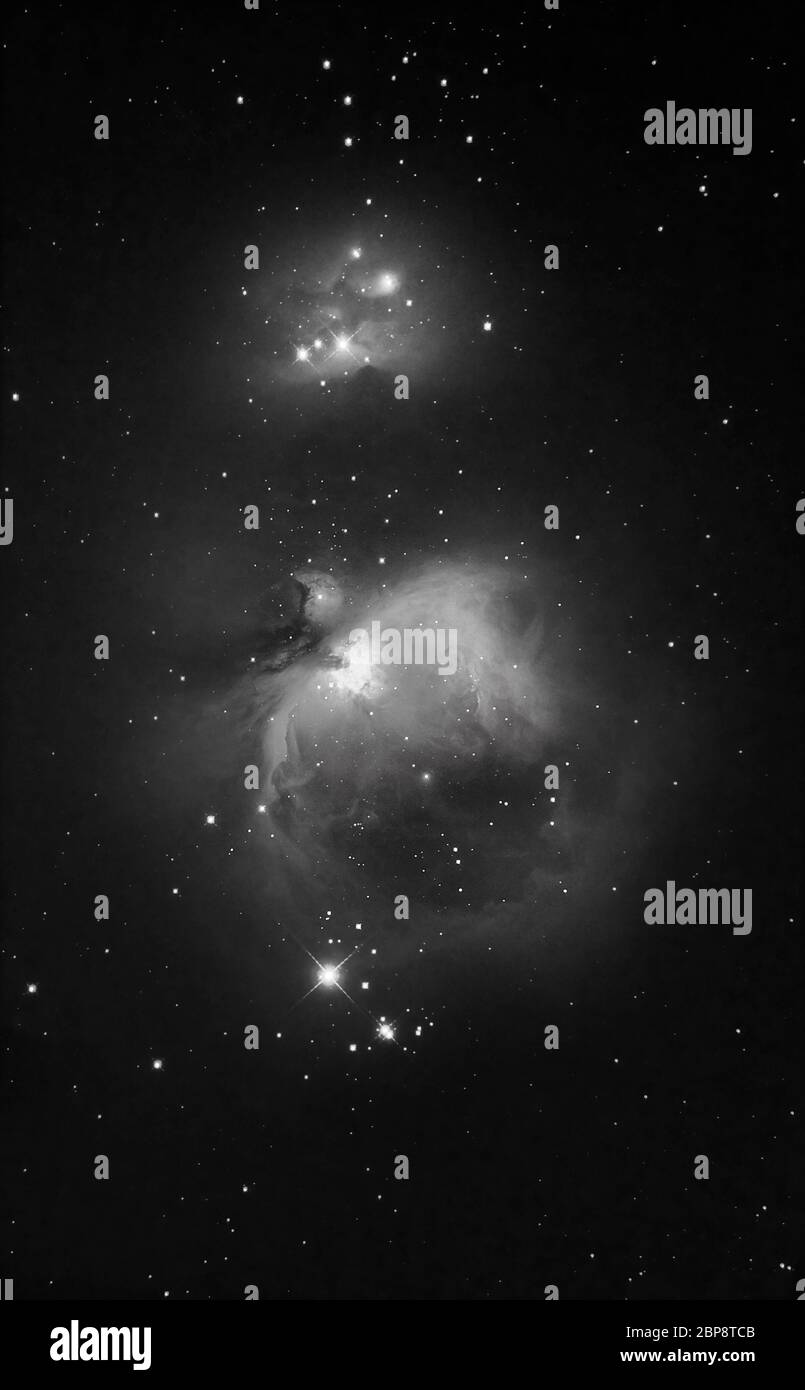 M42 Great Nebula in Orion with the Running Man nebula NGC 1977 in monochrome (NOTE: see usage ...