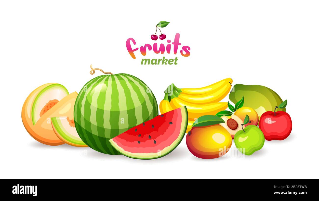 Mountain of fruits on a white background, fruit market store logo ...