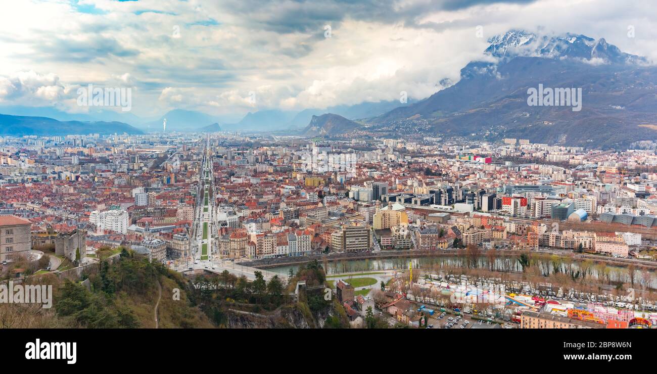 Scenic panoramic aerial view of the banks of the Isere river, bridge ...