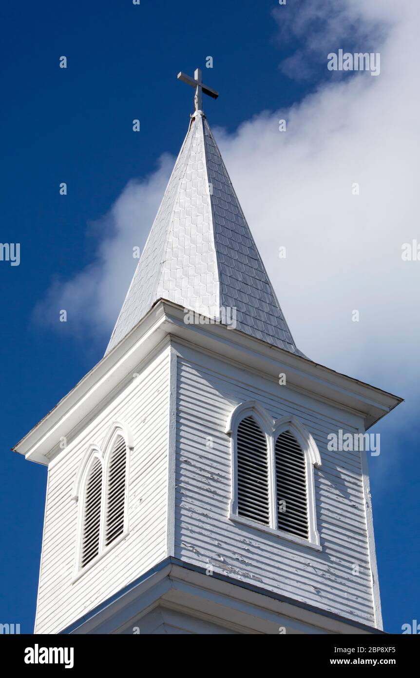 The white color wooden spire of Methodist church in Key West downtown ...