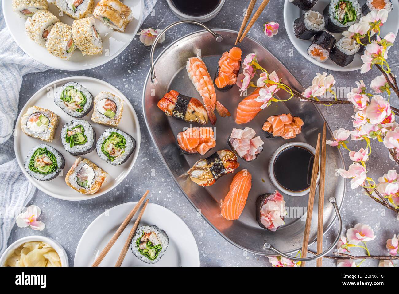 Japanese food. Big sushi set. Assorted set of various sashimi, maki and ...
