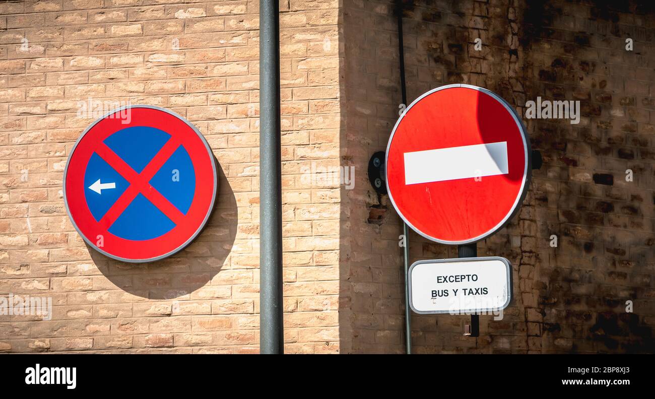 No entry road sign except buses and taxis in Spanish in Spain Stock ...