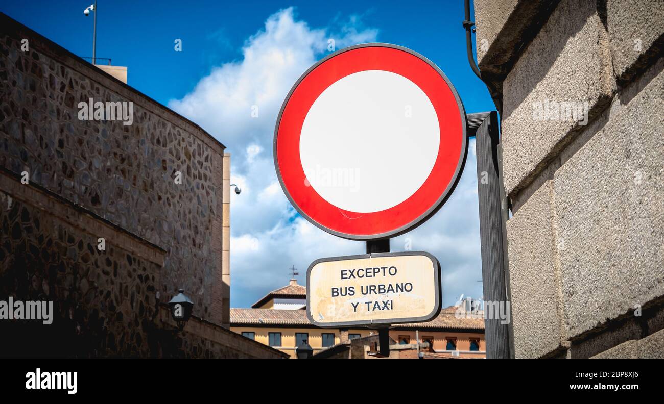 no entry road sign except city bus and taxis in Spanish in Spain Stock ...