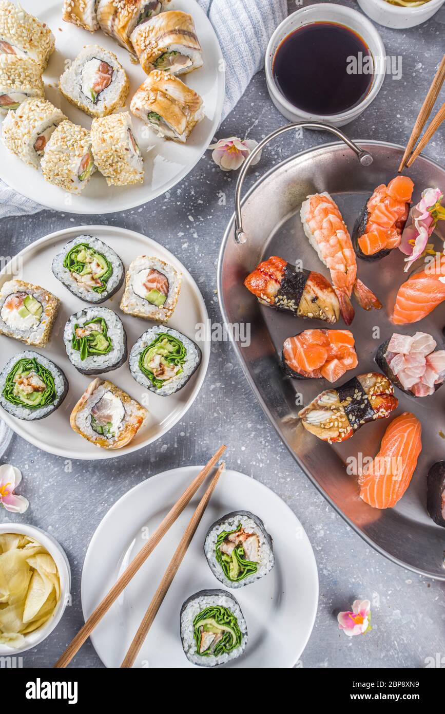 Japanese food. Big sushi set. Assorted set of various sashimi, maki and ...