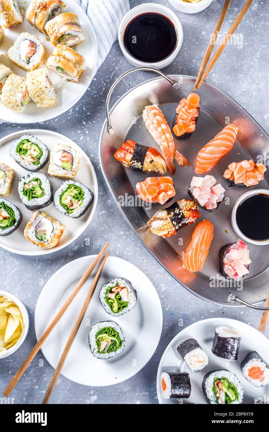 Japanese food. Big sushi set. Assorted set of various sashimi, maki and ...