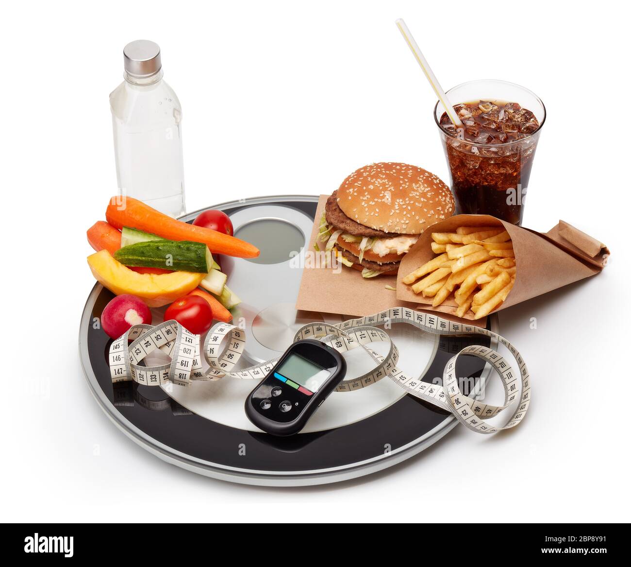 Still life with good and bad food, scales, measuring tape and blood ...