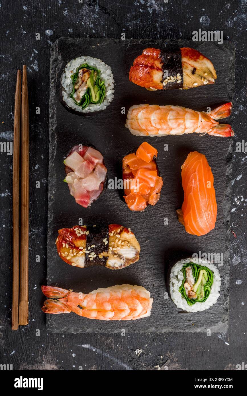 Japanese food. Big sushi set. Assorted set of various sashimi, maki and ...