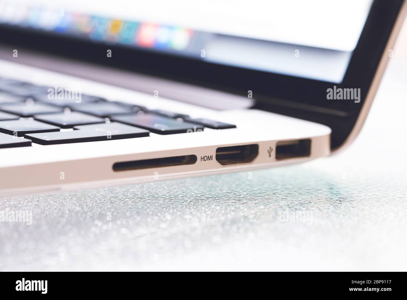 Side panel of computer laptop show with USB, HDMI and multi Card reader ...