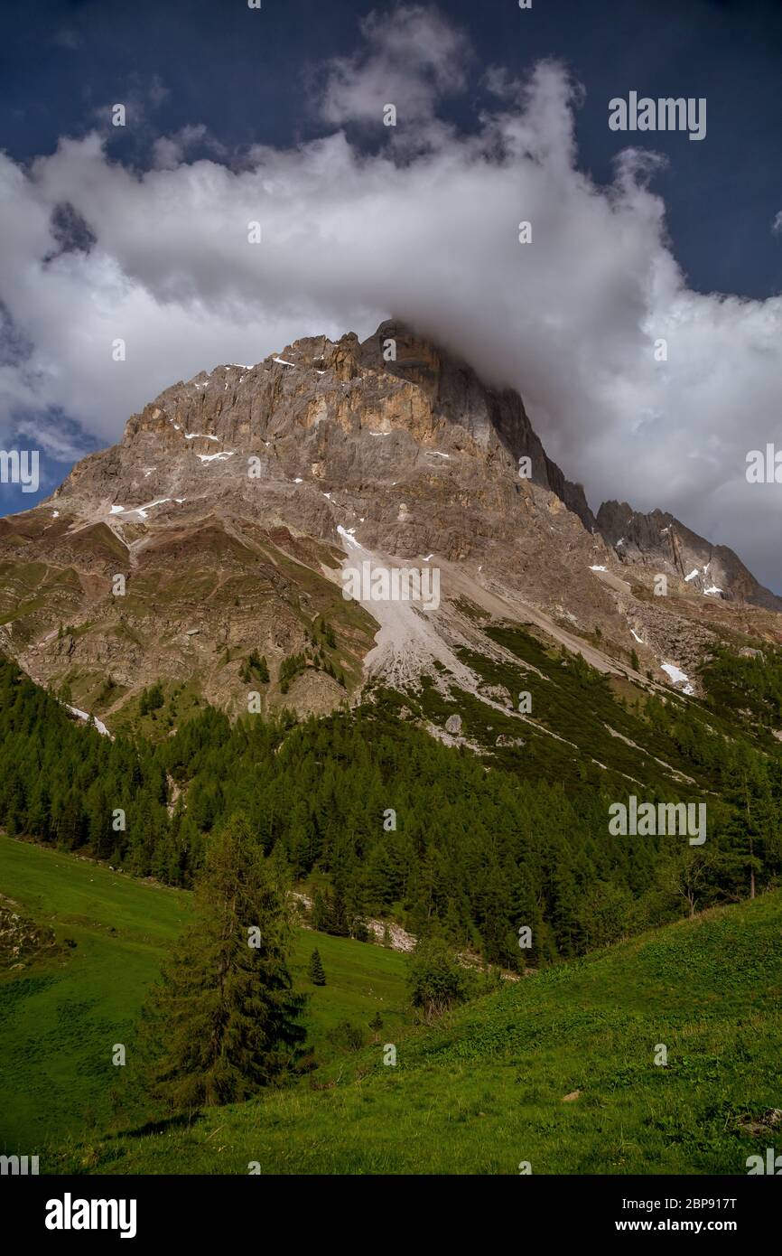 Summer evening Dolomite mountain peak in Passo di Rolle, Italy ...