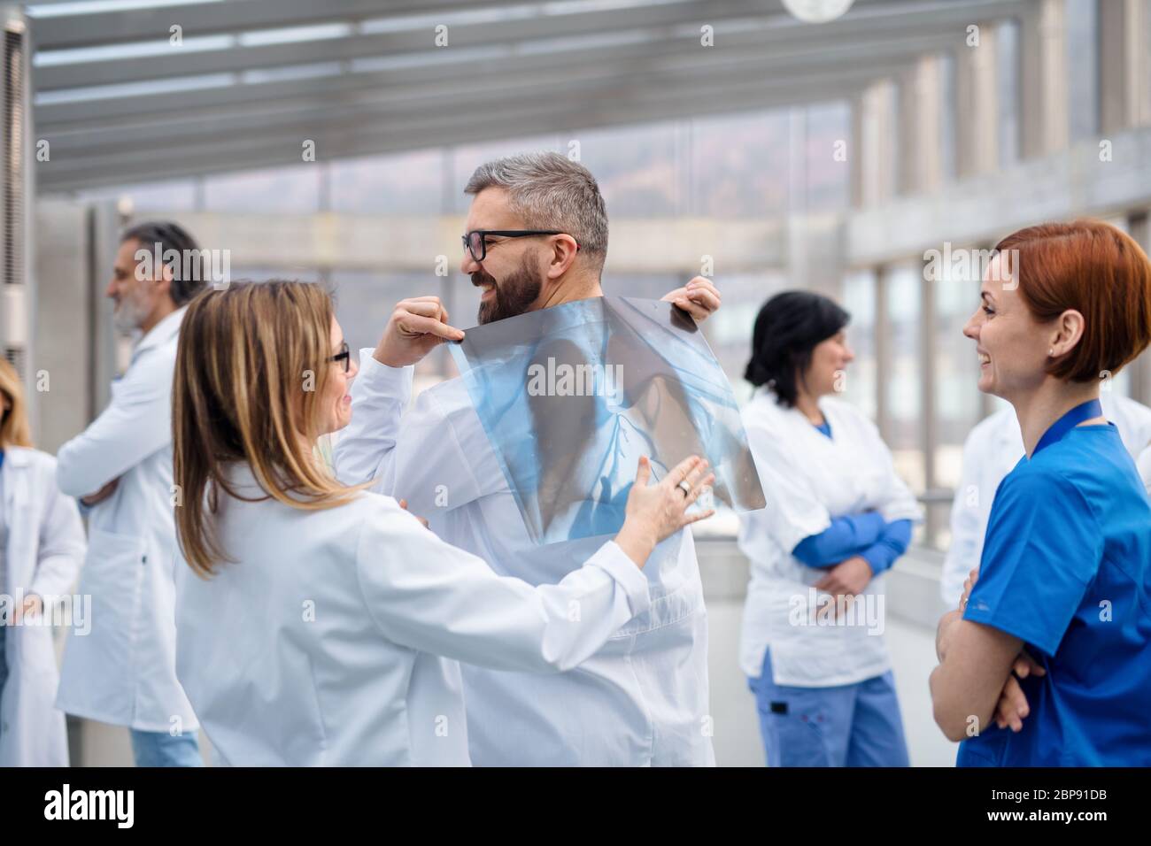 Group of doctors standing in corridor on medical conference, having fun ...