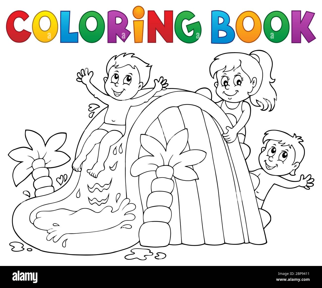 Coloring book kids on water slide 1 - picture illustration Stock Photo ...