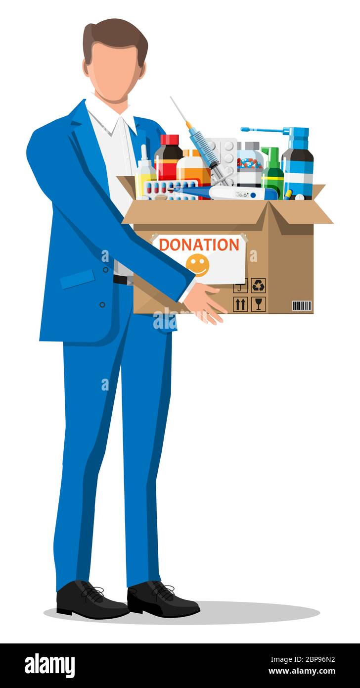 Man and cardboard box full of drugs. Needed items for donation ...
