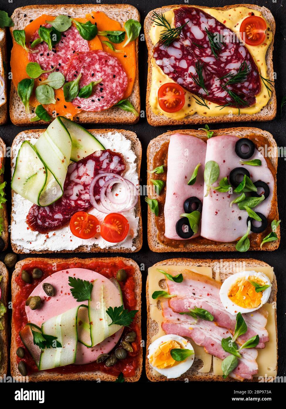 Set of eight different sandwiches with meat in square shape. Top view ...