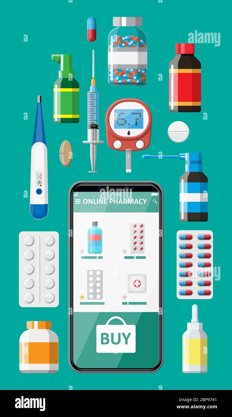 Mobile phone with internet pharmacy shopping app. Set of pills drugs ...