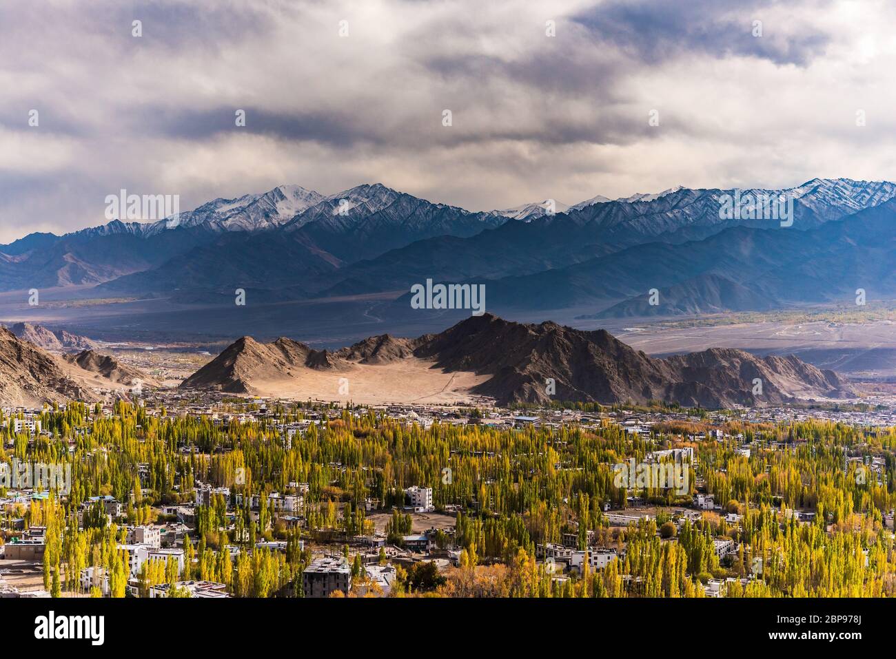 The city of Leh, Leh city is located in the Indian Himalayas viewed ...