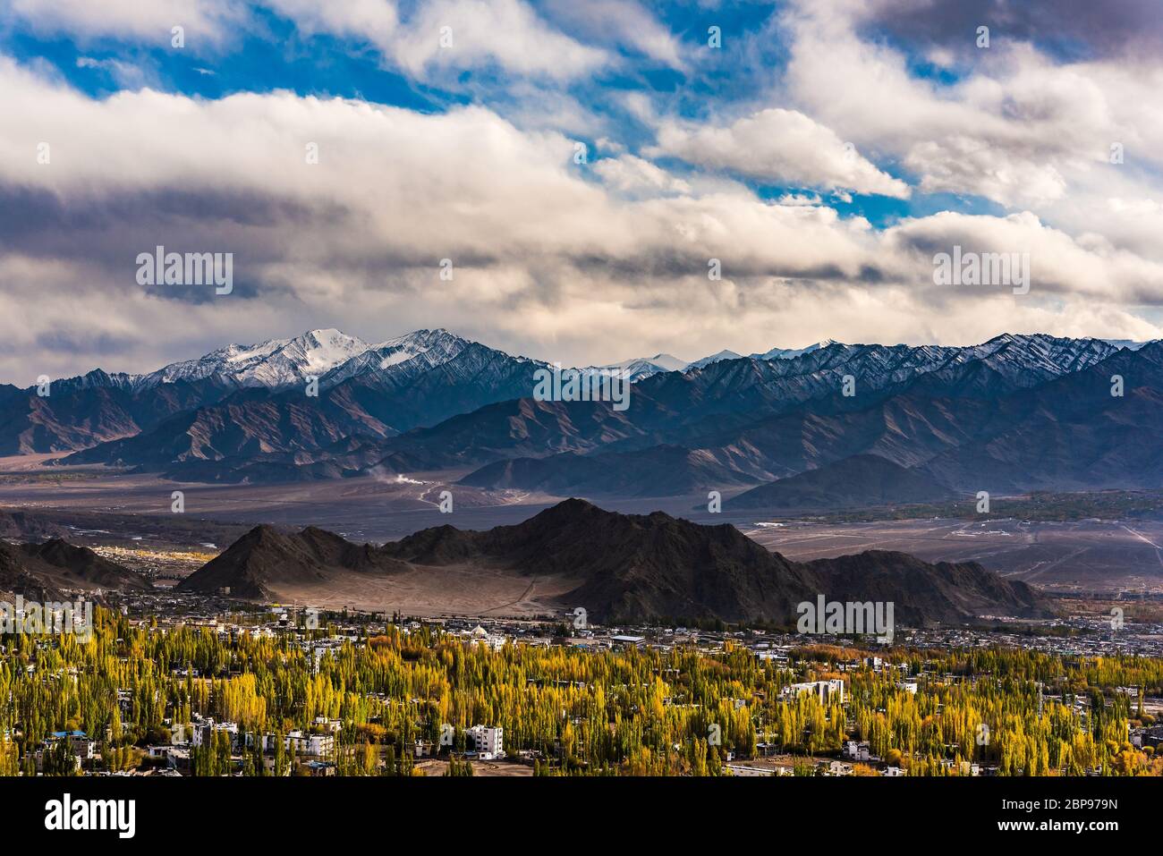 The city of Leh, Leh city is located in the Indian Himalayas viewed ...
