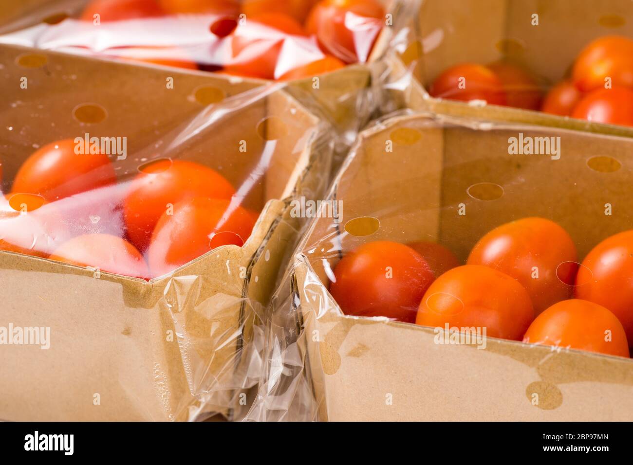 ripe cherry tomatoes packages in box and plastic close up and isolated on white background Stock ...