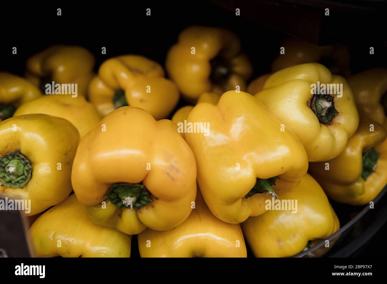 A close-up shot of an abundance of fresh Yellow peppers on display at a ...