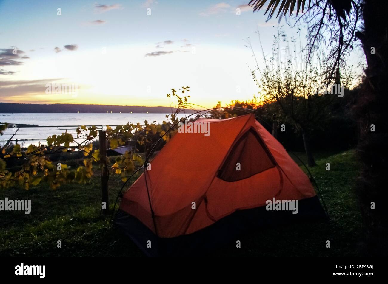 Camping tent in camps with a beautiful sunset in Slovenia, Europe Stock ...