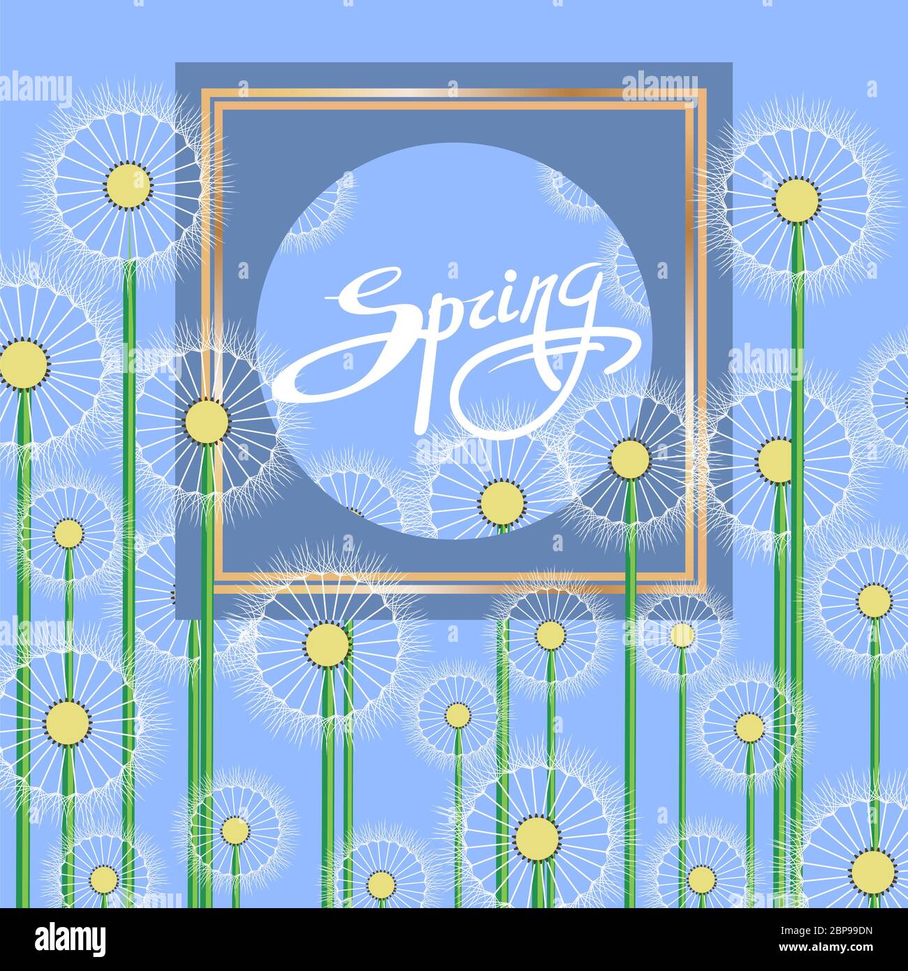 Spring Dandelion Flower Pattern with Frame and Lettering on Blue ...