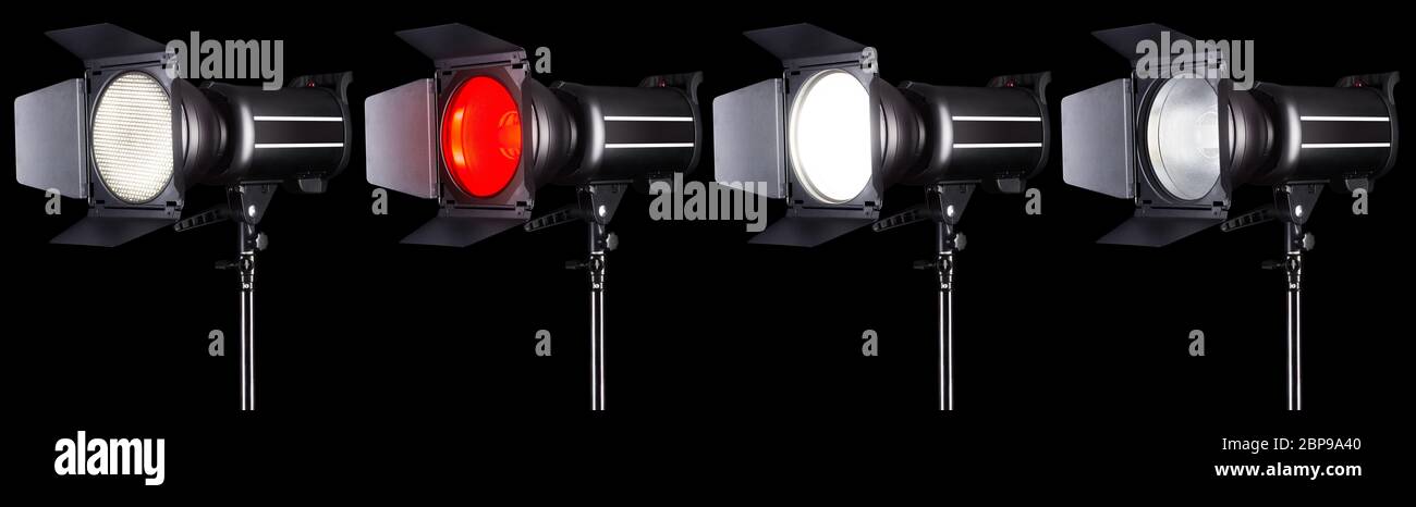 Set of studio flash lights isolated on black background with lamp Stock ...