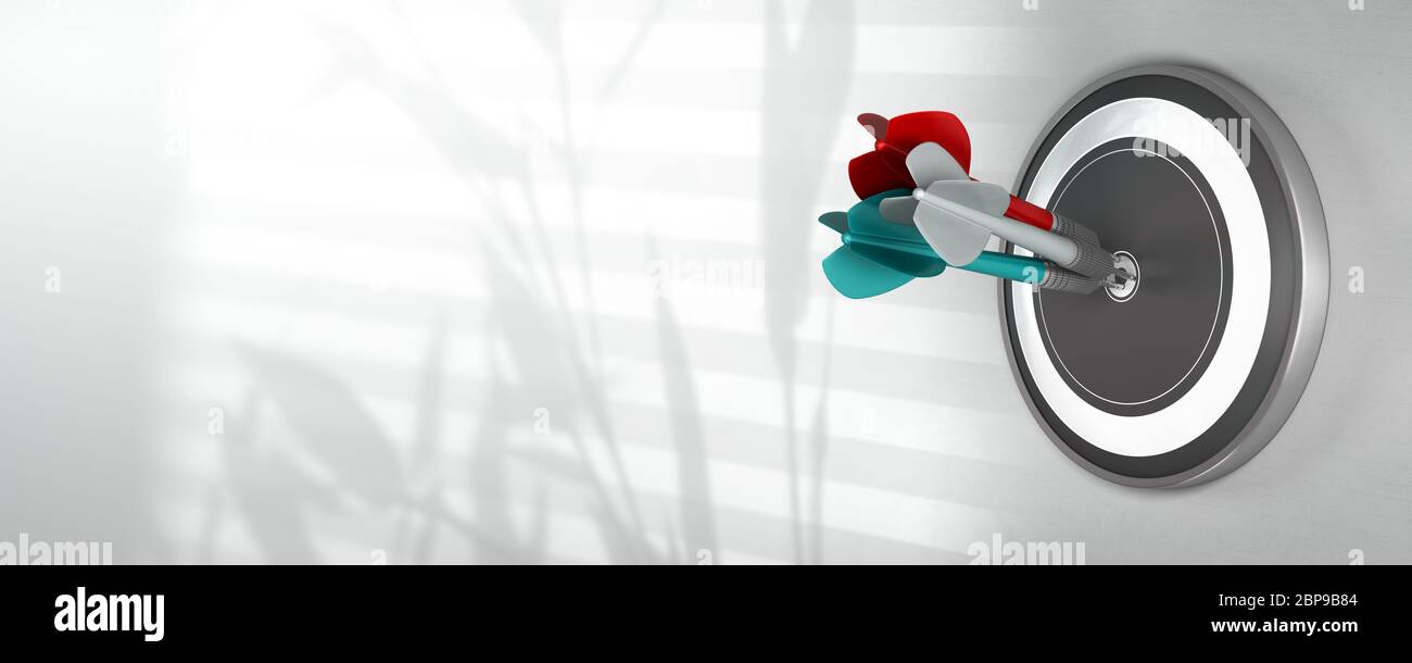 3D illustration of a conceptual target with three darts in the bullseye ...
