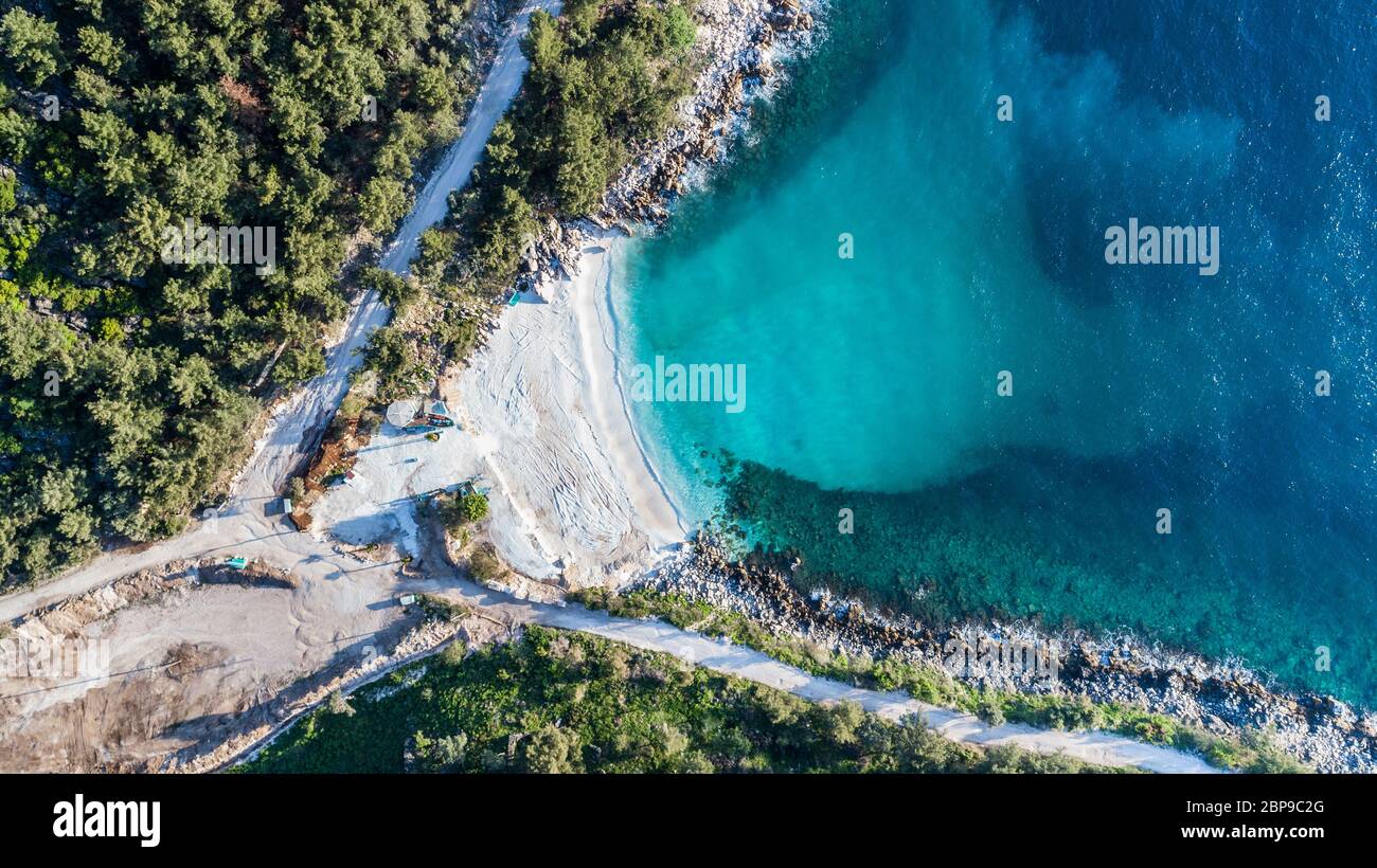 aerial view of Marble beach. The most beautiful white beach in Greece ...