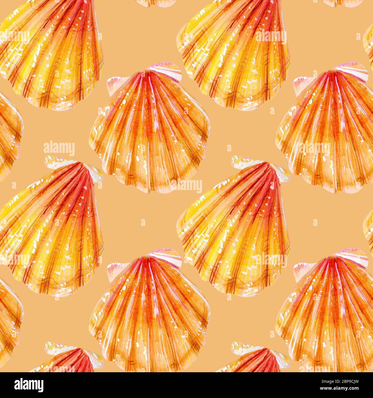 Seamless pattern of yellow scallops. Beige bivalve mollusk Pectinidae ...