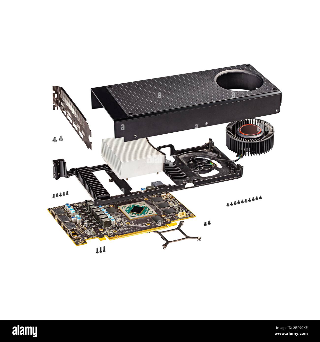Explode view of new reference modern gaming graphics card on white ...