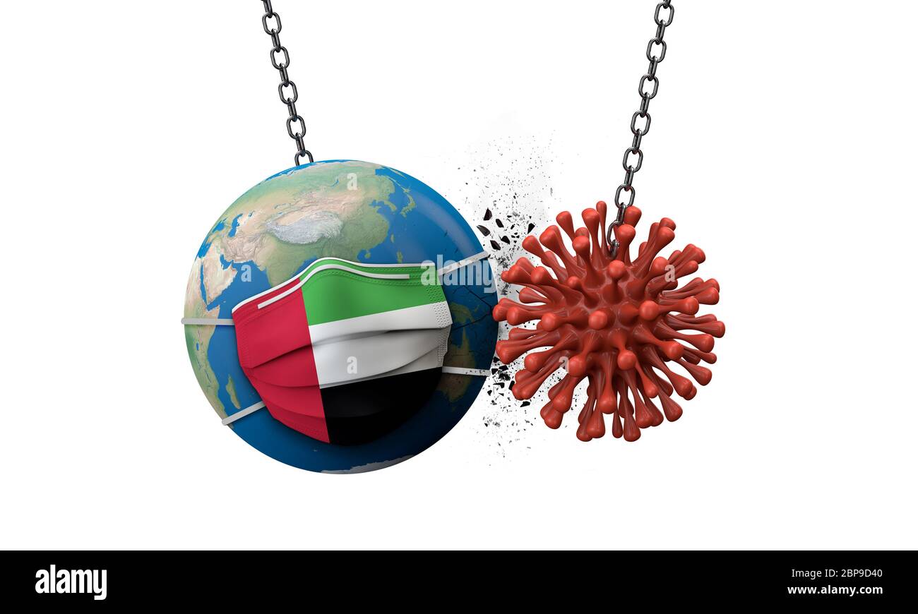 Coronavirus smashing into the world wearing a UAE face mask. 3D Render ...