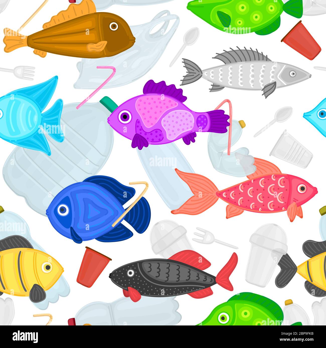 Vector seamless pattern with fish swims among the garbage. Stop plastic ...