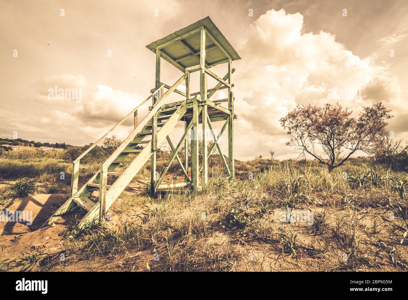 Wide angle view of the wooden Lifeguard lookout on the Tsilivi Beach in ...