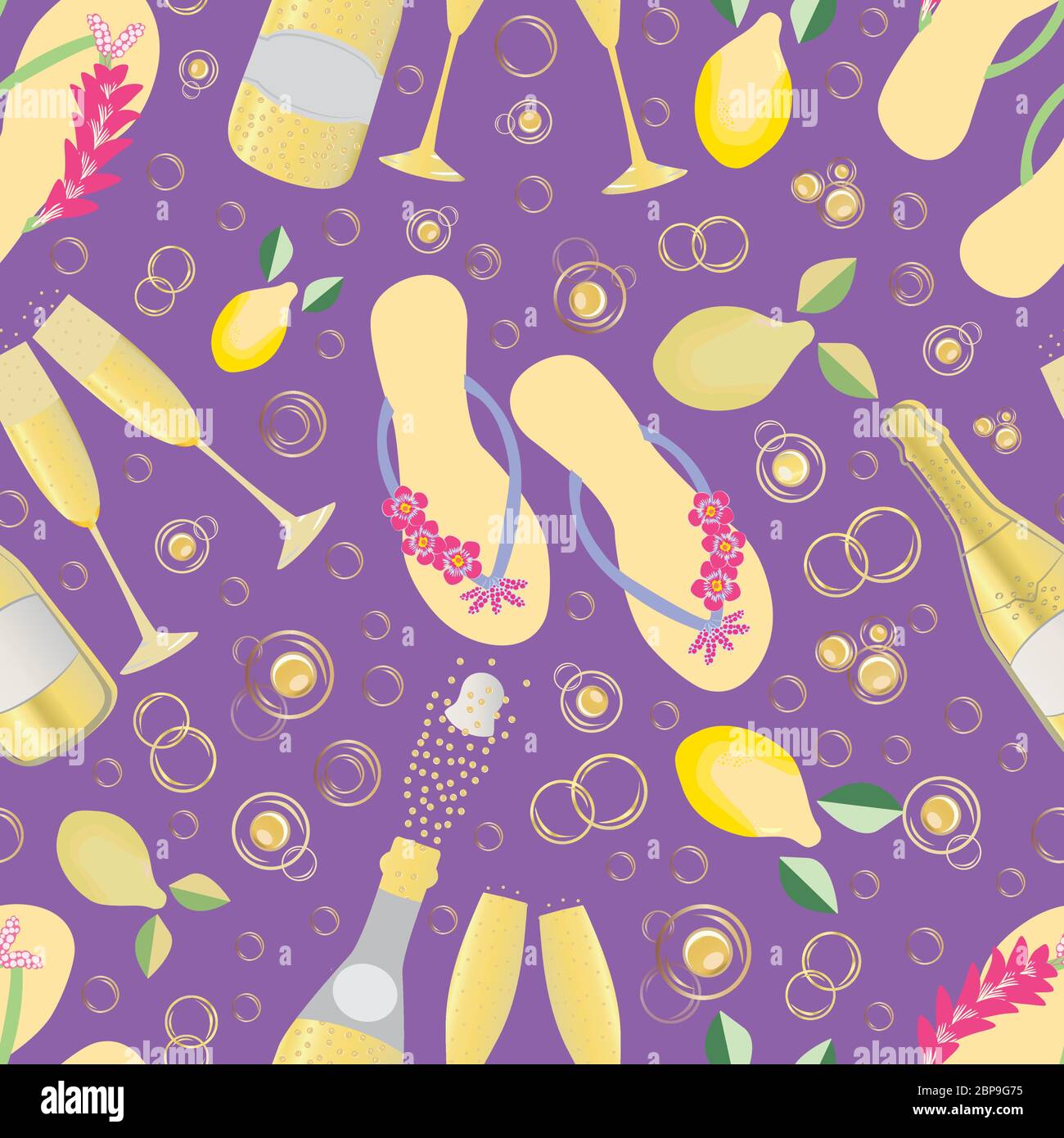 Champagne bubbles and flip flop shoe vector seamless pattern background. Hand drawn bottles ...