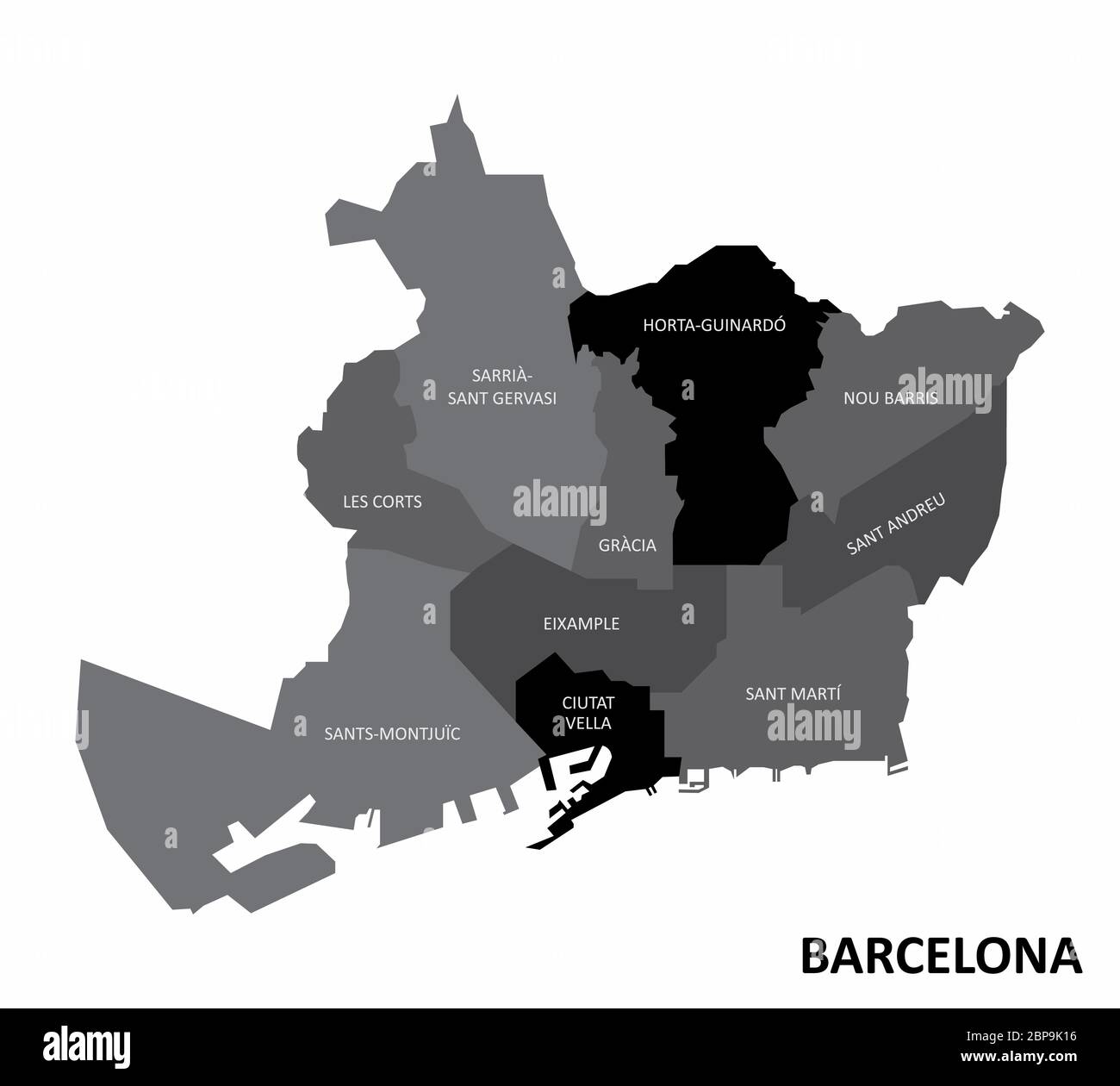The grayscale map of Barcelona city districts Stock Vector Image & Art ...