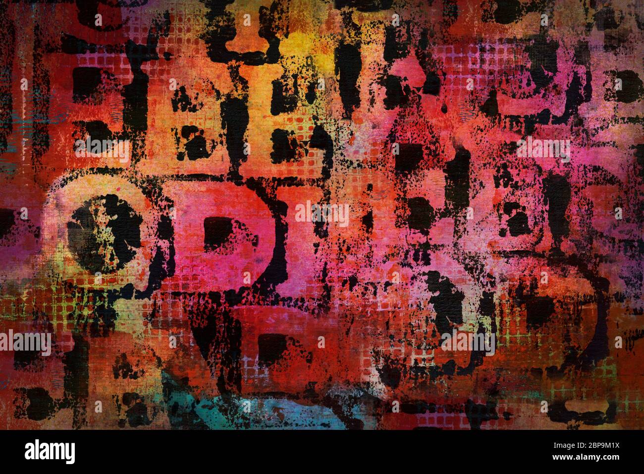 digital created texture of distressed colorful typography fragments ...