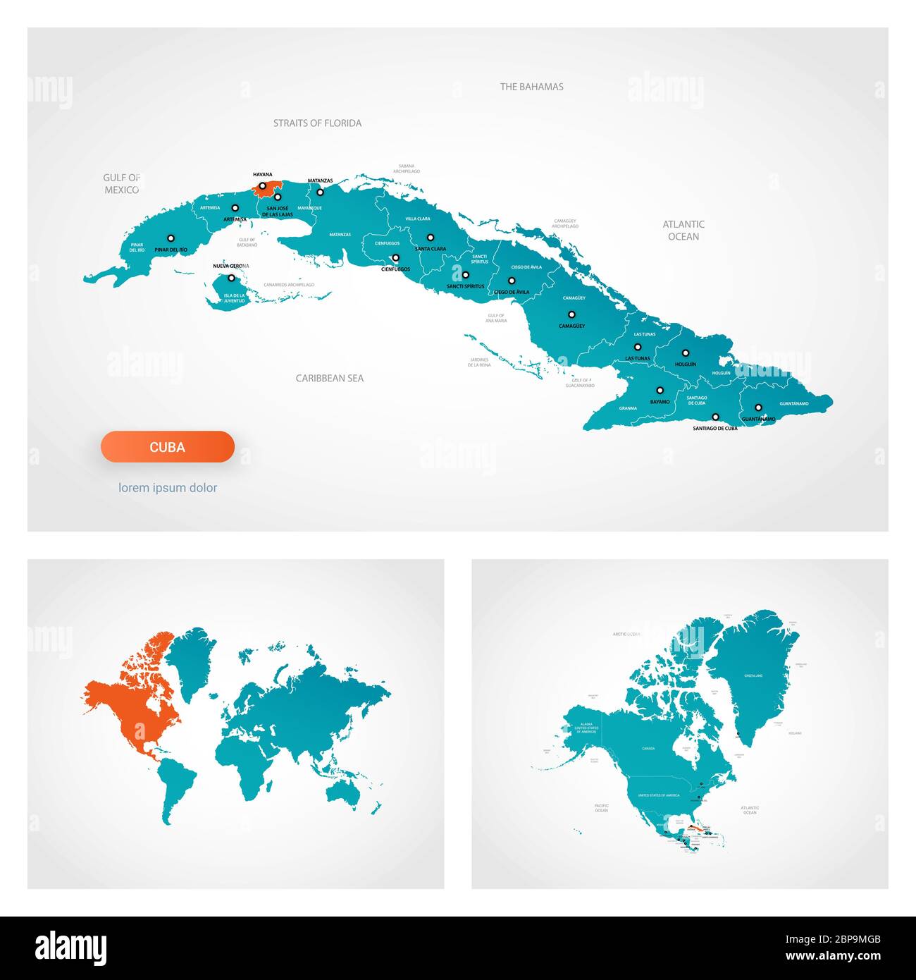 Editable template of map of Cuba with marks. Cuba on world map and on ...
