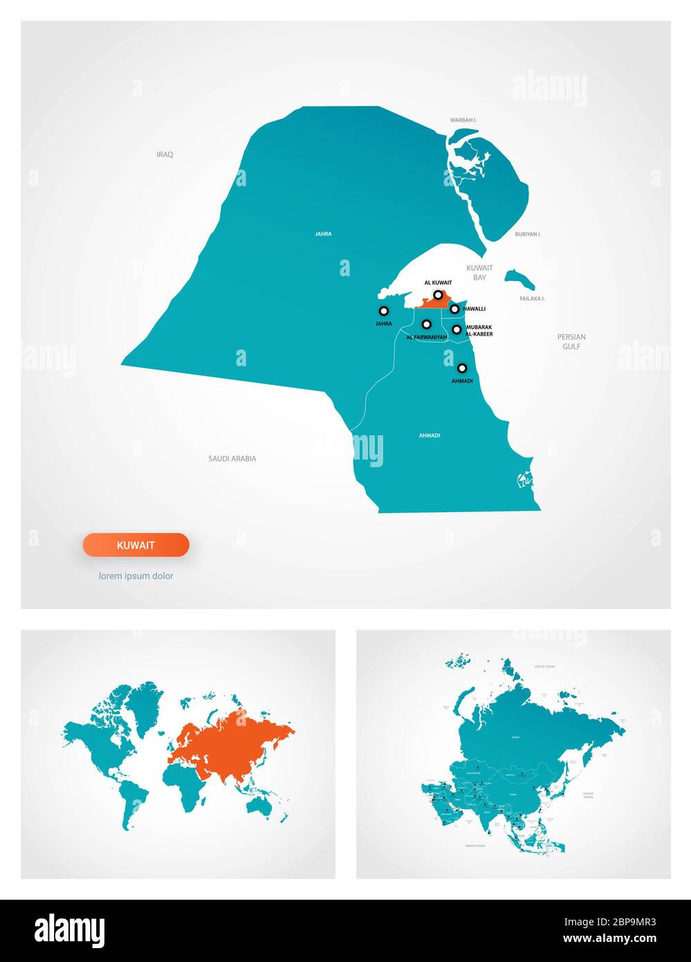 Editable template of map of Kuwait with marks. Kuwait on world map and ...