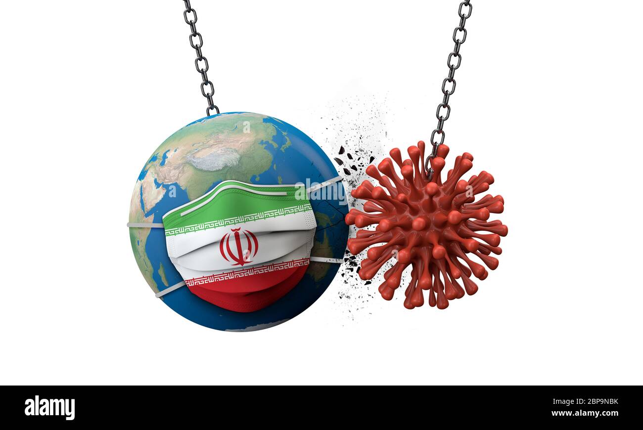 Coronavirus smashing into the world wearing a Iraq face mask. 3D Render ...