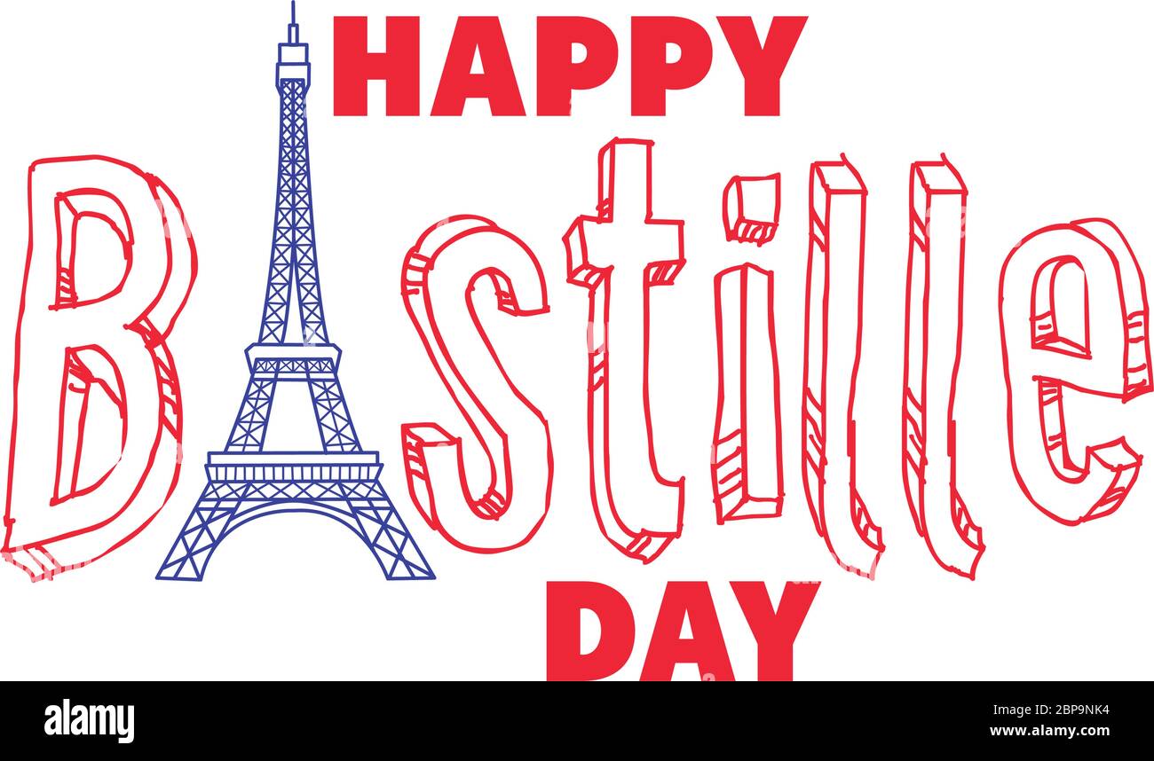 bastille day lettering with eiffel tower hand draw style Stock Vector ...