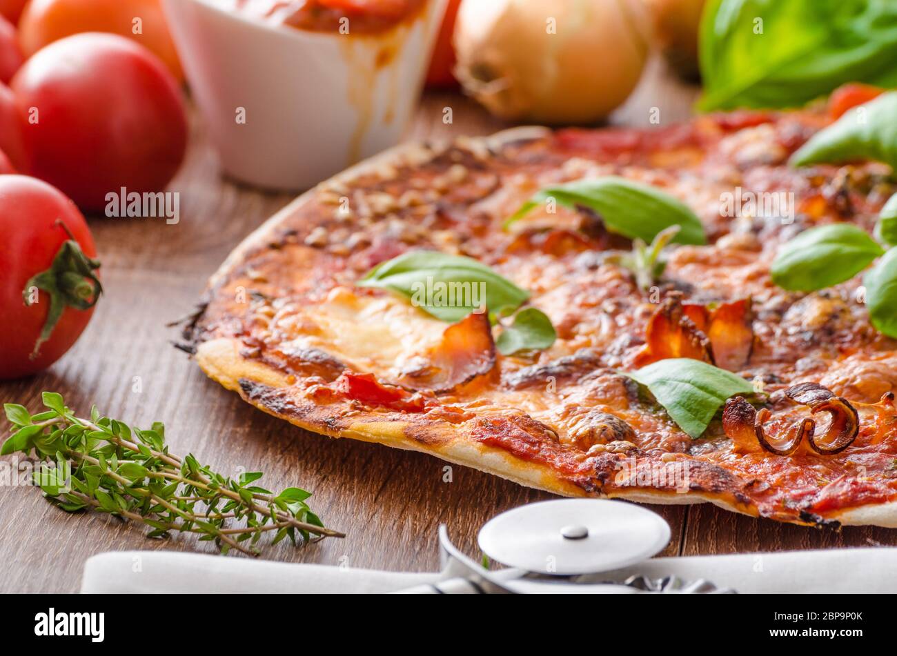 Cheese pizza with fresh tomato and chilli, basil, hot spicy sause Stock ...